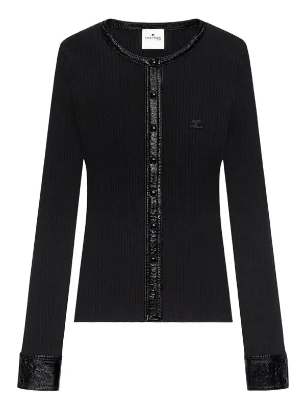 COURREGES Ribbed Knit Cardigan With Embroidered Logo - Black