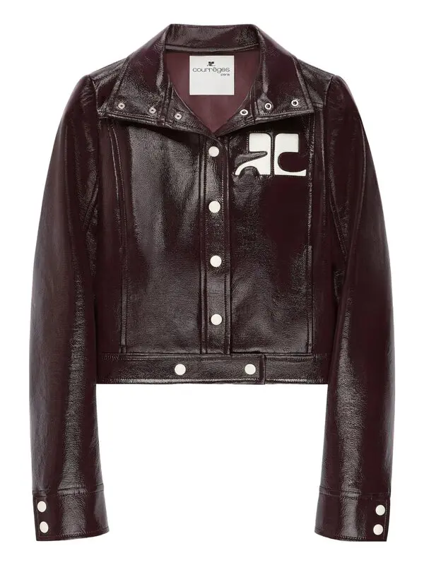COURREGES Vinyl-effect Cropped Jacket With Logo Plaque - Burnt Red