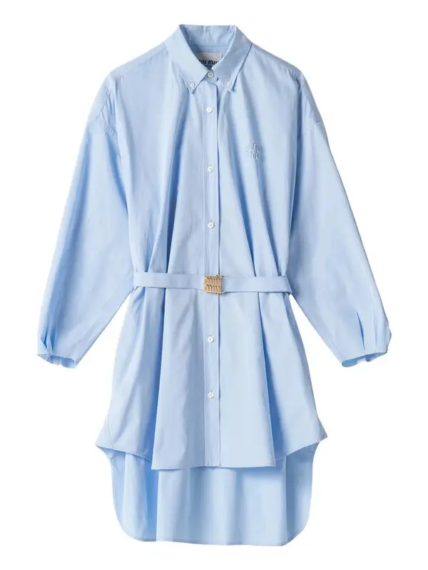 Miu Miu Long-sleeved Poplin Shirt Dress With Logo Embellishment - Light Blue