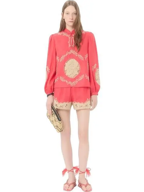 Valentino Garavani Couture Linen Shorts With Macramé Embroidery - Coral