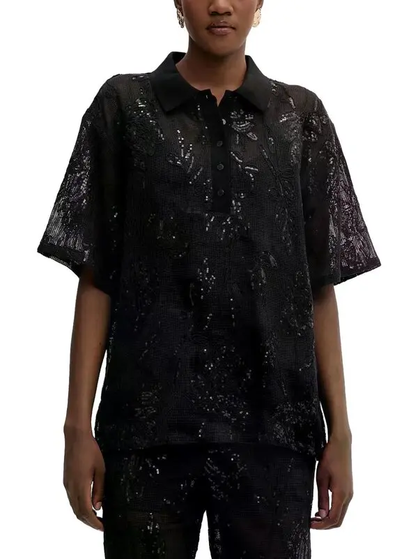 ISABELLE BLANCHE Sequin Embellished Floral Lace Polo Shirt - Black