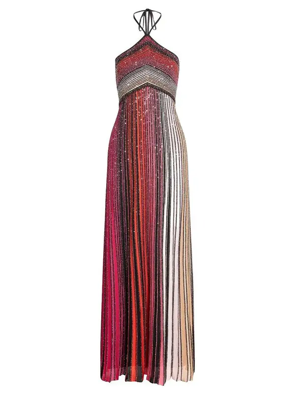 Missoni Sequin-embellished Striped Ribbed-knit Halterneck Maxi Dress - Black