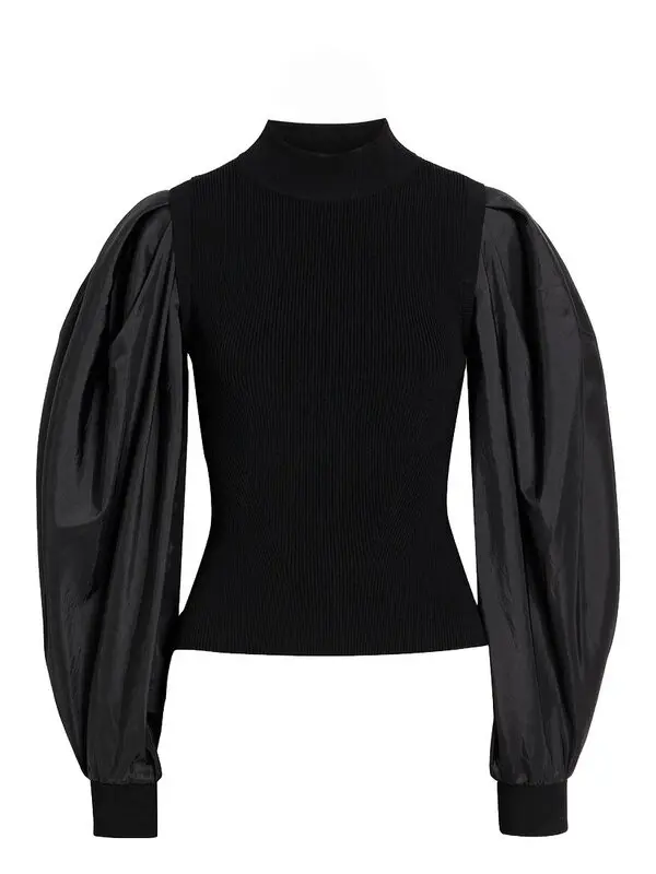 Simkhai Jackie Paneled Ribbed Knit Turtleneck Top With Puff Sleeves - Black