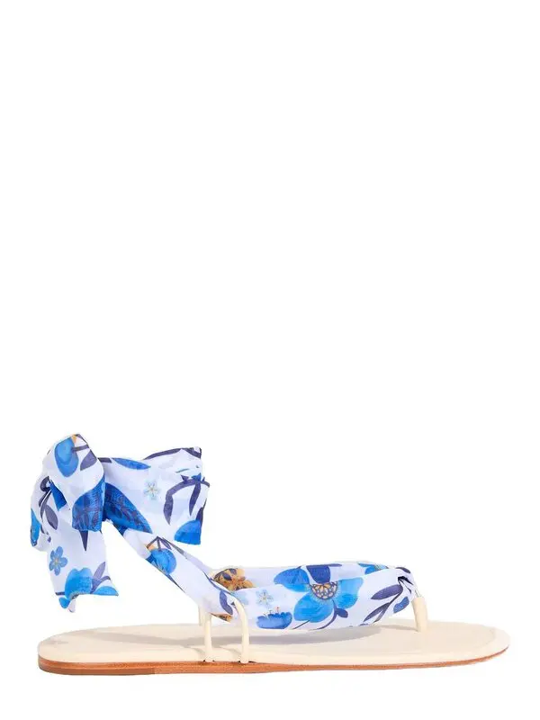 Farm Rio Lace-up Floral-print Chiffon And Leather Sandals - White