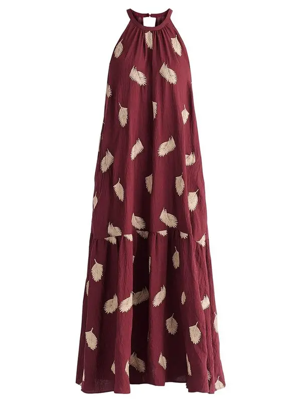 PAISIE Leaf Embroidered Halterneck Maxi Dress In Burgundy - Red