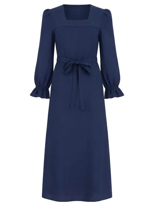 THE TUNIC SHOP Linen Maxi Dress With Square Neckline And Ruffled Cuffs - Blue