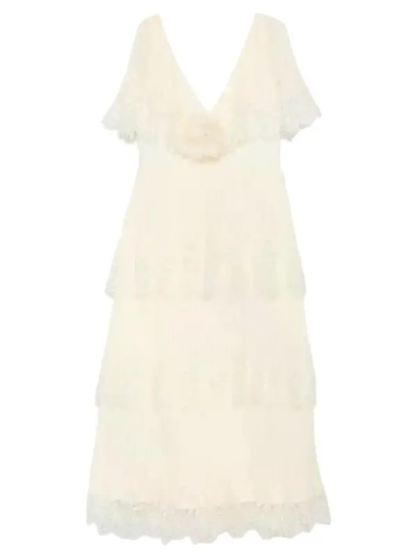 SELF-PORTRAIT Lace-trimmed Pleated Midi Dress - Yellow