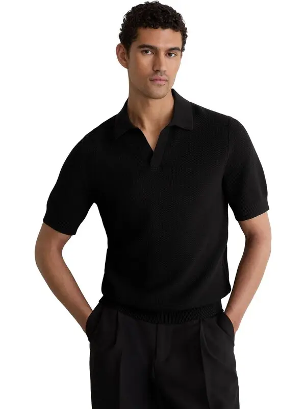 REISS Leon Cotton-blend Basket-stitch Open-collar Polo Shirt - Black