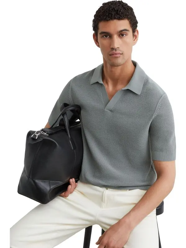 REISS Leon Cotton-blend Basket-stitch Open-collar Polo - Sage