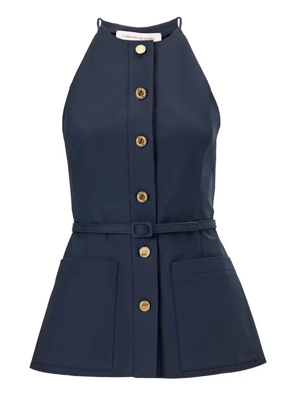 Carolina Herrera Sleeveless Halter Neck Belted Cotton Sateen Top With Gold-tone Buttons - Navy