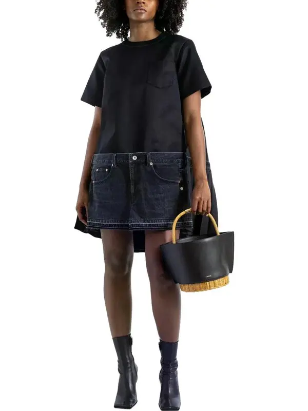 Sacai Hybrid Denim Pleated Asymmetric Dress - Black