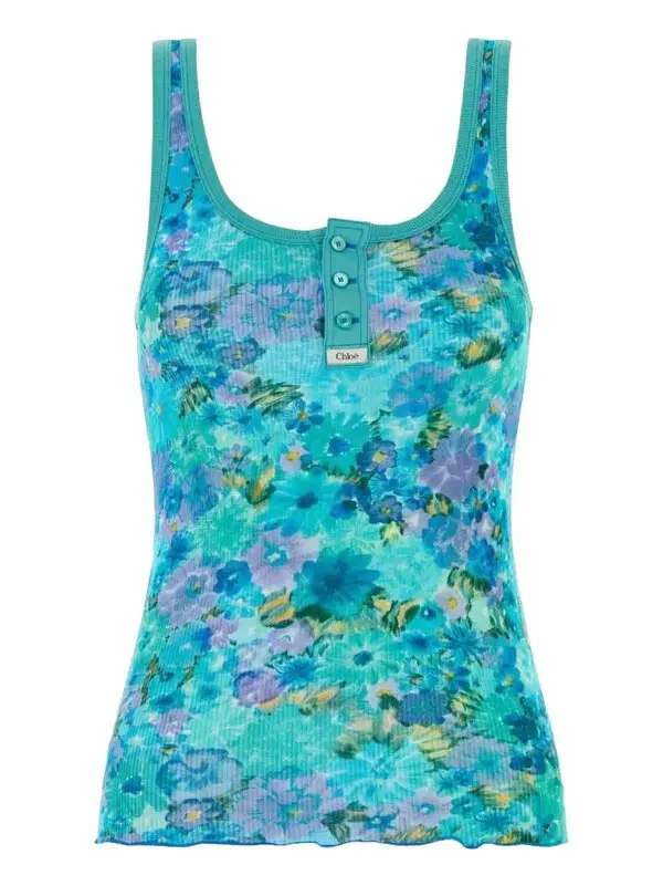 Chloé Printed Stretch Cotton Tank Top - Blue