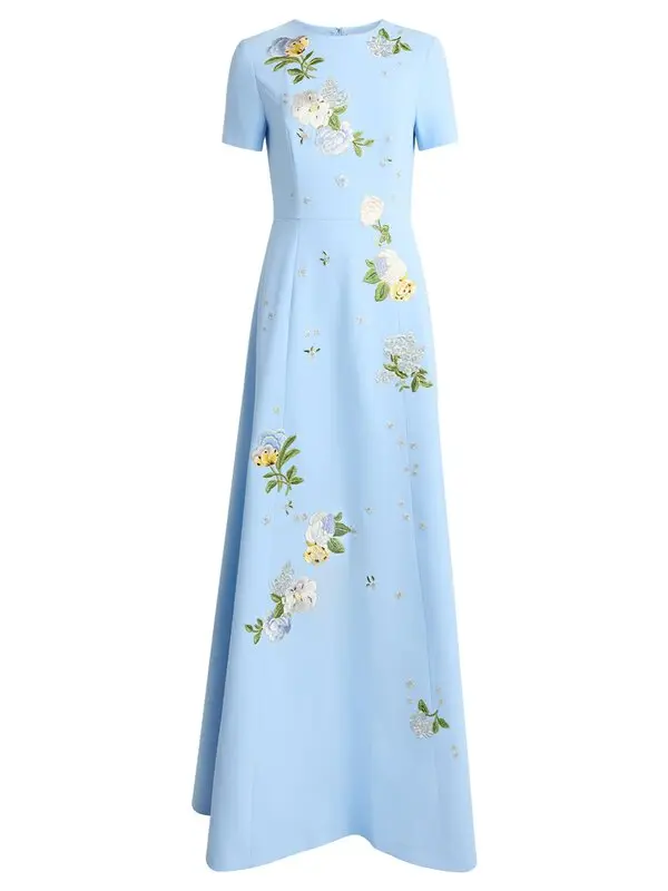 Carolina Herrera Crepe Floral Embroidered Gown - Blue