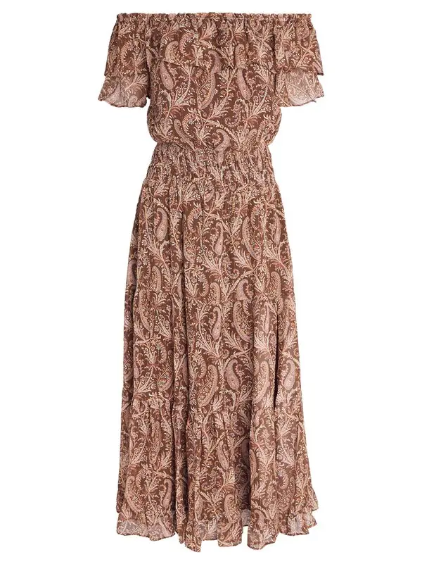 Paige Alistar Silk Georgette Off-the-shoulder Midi Dress - Brown