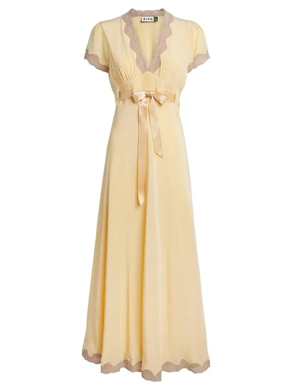 Rixo Marlice Silk Midi Dress With Lace Trim And Bow Detail - Yellow