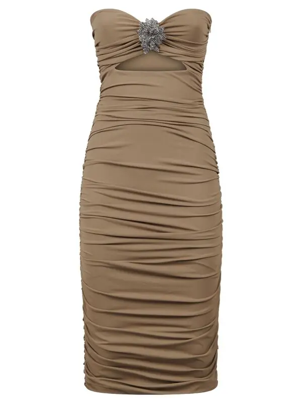 Amen Pleated Sweetheart Neckline Dress With Embellished Flower - Brown