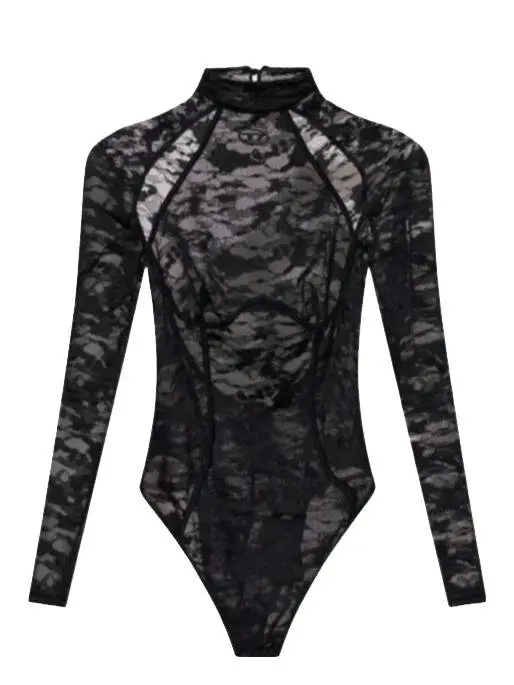 DIESEL® Lace High Neck Long Sleeve Bodysuit With Open Back - Black