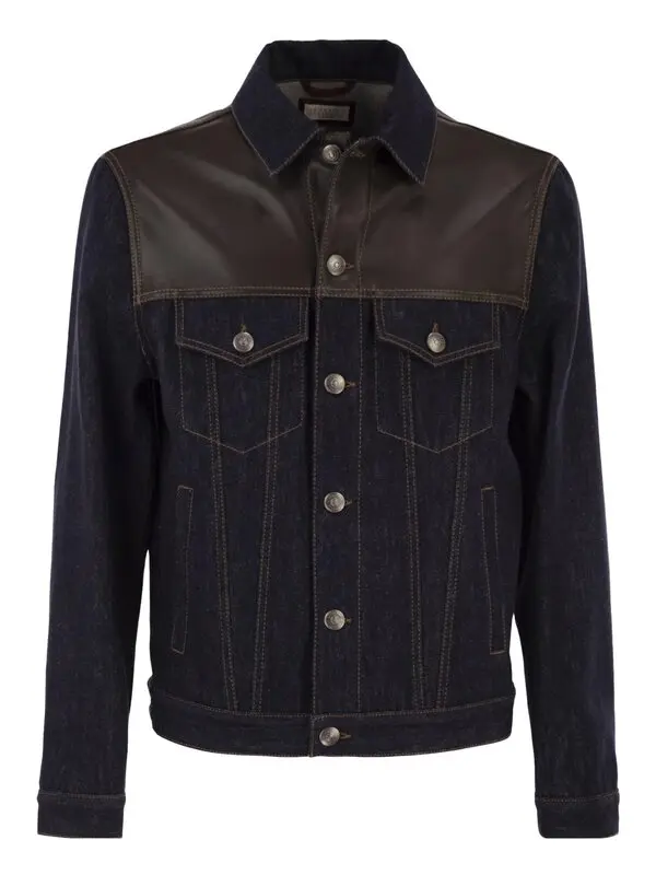 Brunello Cucinelli Long-sleeved Denim And Leather Jacket - Black