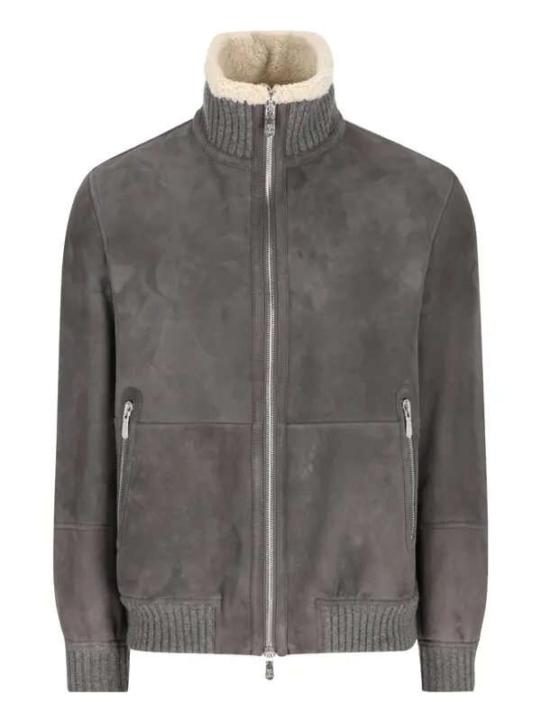 Brunello Cucinelli Shearling Trimmed Zip-up Bomber Jacket - Black