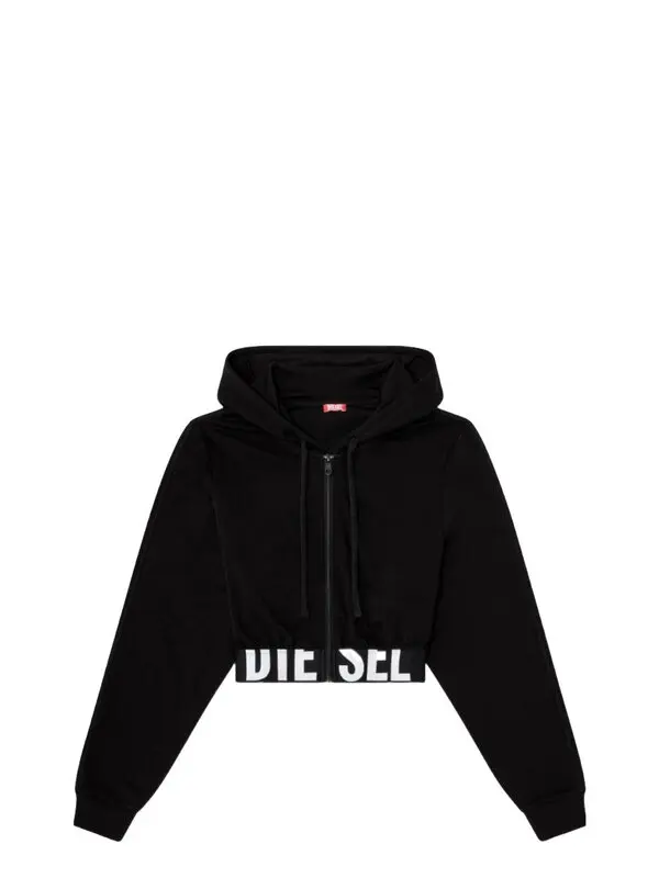 DIESEL® Cropped Logo Waistband Zip-up Cotton Hoodie - Black