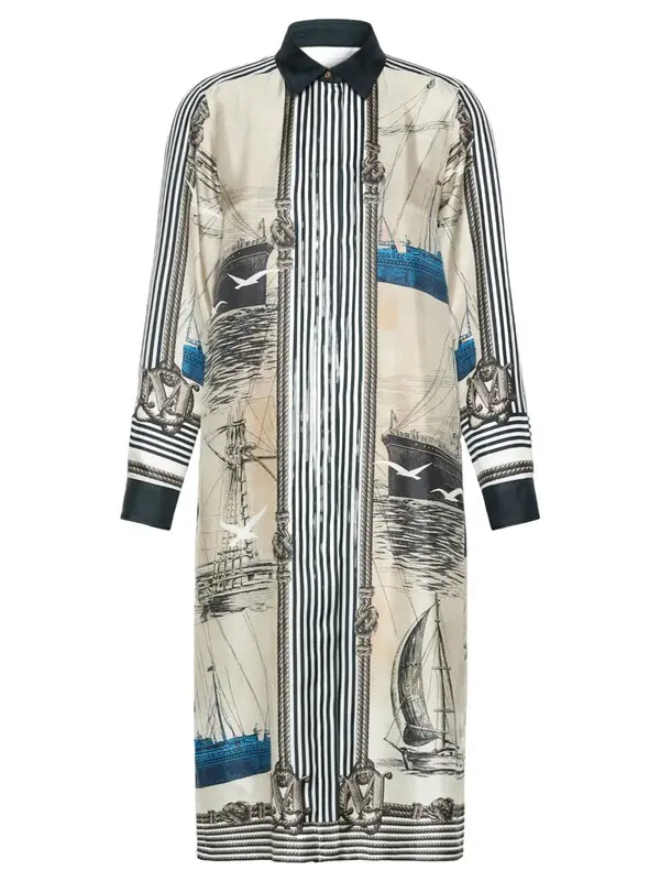 Max Mara Nautical Print Silk Midi Shirt Dress - Stone