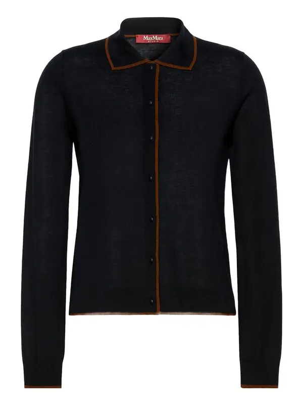 Max Mara Wool And Silk Yarn Cardigan With Contrast Piping - Navy Blue