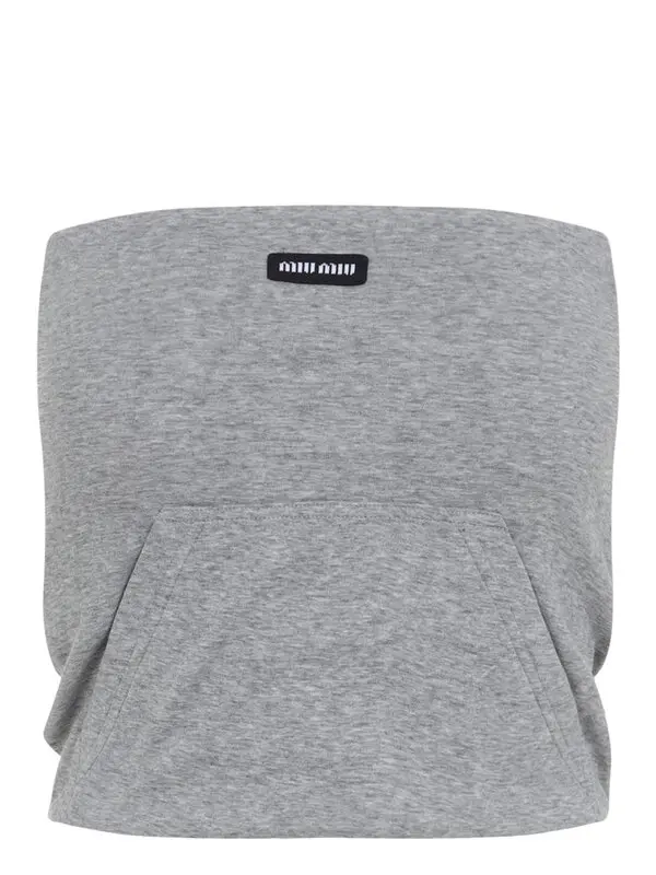 Miu Miu Heather Grey Cotton Jersey Bandeau Top With Logo Pocket - Gray