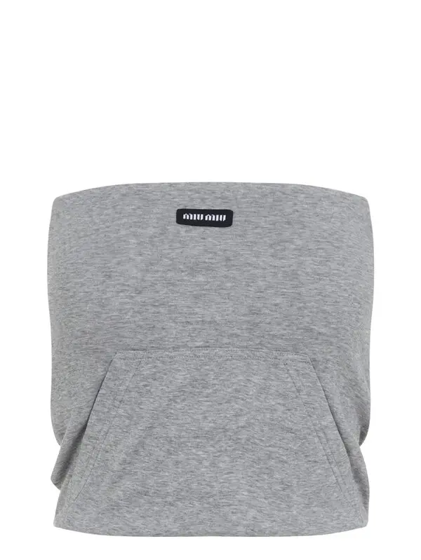 Miu Miu Heather Grey Cotton Jersey Bandeau Top With Logo Pocket - Gray