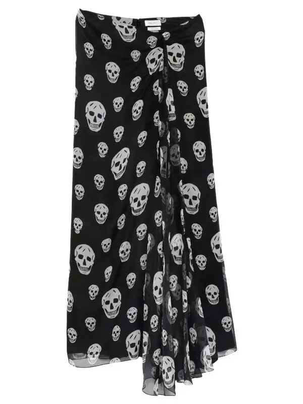 Alexander McQueen Skull Print Draped Maxi Skirt - Black