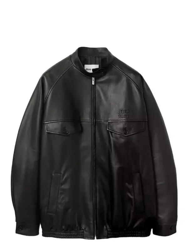 Miu Miu Nappa Leather Stand Collar Zip-up Jacket - Black