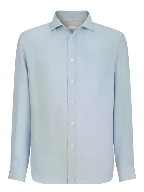 Brunello Cucinelli Cotton And Cashmere Denim-effect Diagonal Shirt With Spread Collar - Blue