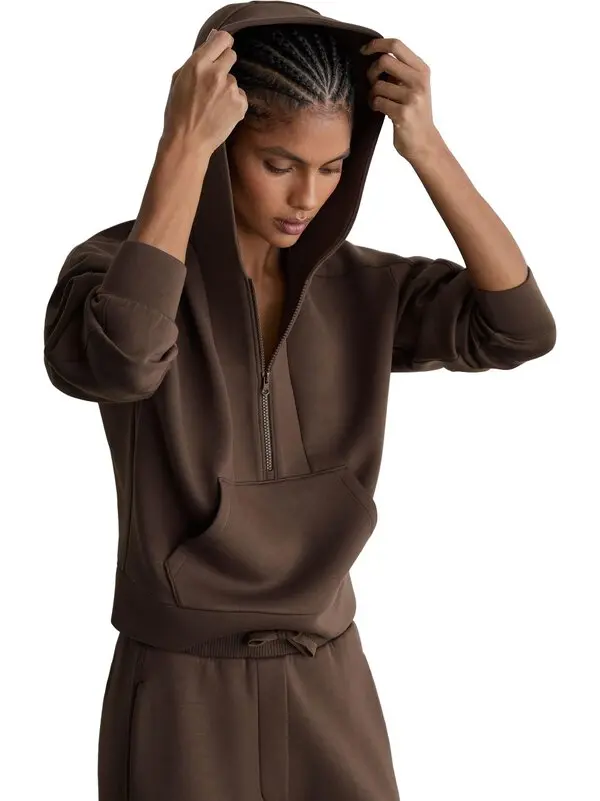 REISS Lockie Premium Interlock Half-zip Hoodie - Mocha Brown