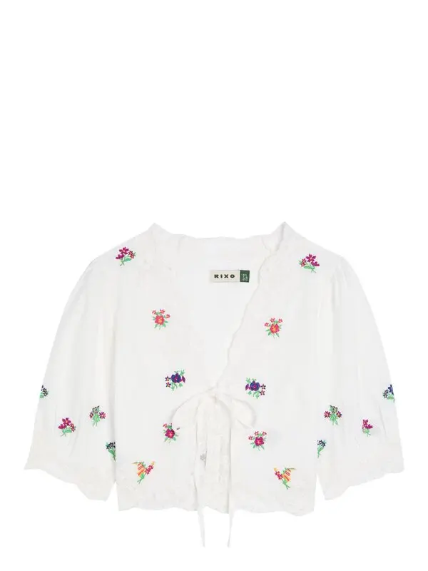 Rixo Ursula Floral Embroidered Cotton Top With Puff Sleeves And Scalloped Trims - White