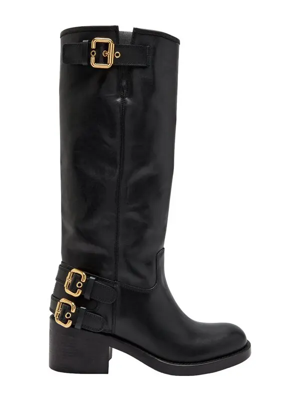 Chloé Grained Leather Knee-high Boots With Buckled Straps - Black