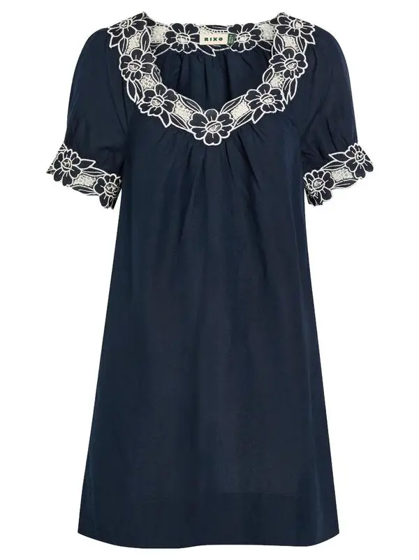 Rixo Cristina Floral-embroidered Linen-blend Mini Dress - Navy