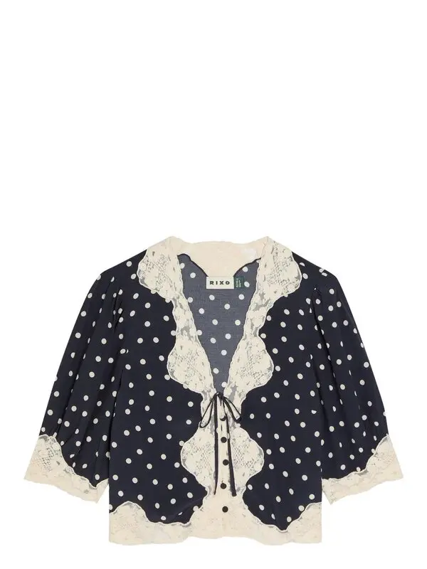 Rixo Ursula Polka Dot Crepe De Chine Top With Scalloped Trims - Navy