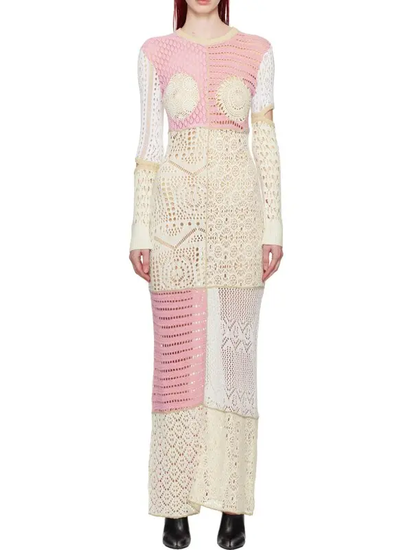 MARINE SERRE Regenerated Patchwork Crochet Long Sleeve Dress - White