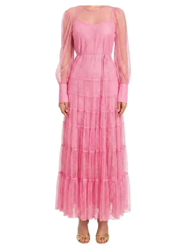 TWINSET Ruffled Long-sleeved Polka Dot Maxi Dress - Pink