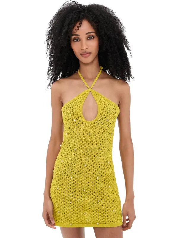 Staud Isola Dress Halter Neck Crochet Mini Dress With Embellishments - Citron