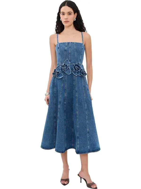 AKNVAS Eryn Denim Midi Dress With 3d Roses - Blue Denim