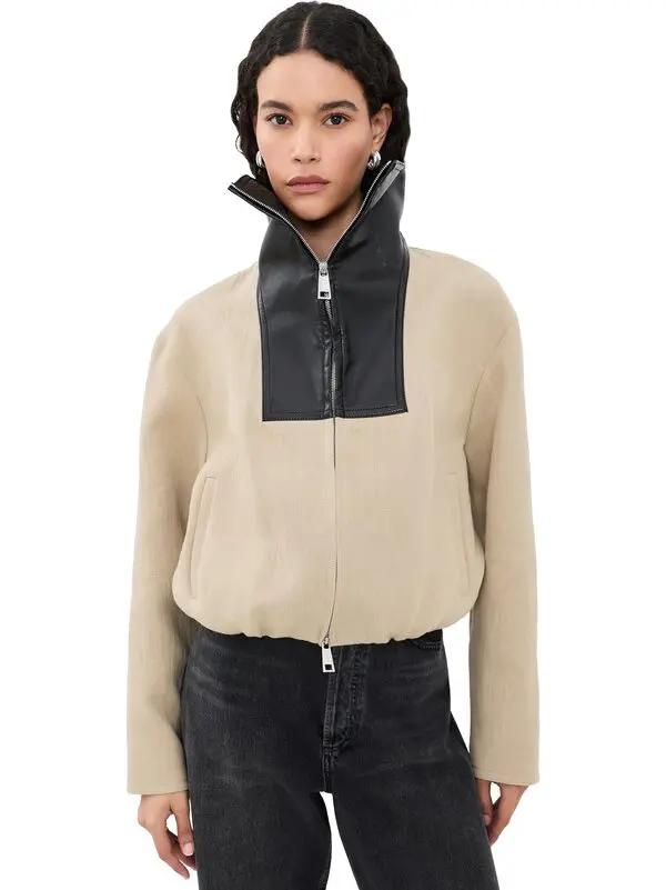Nanushka Alonza Funnel Neck Jacket With Leather Trim - Stone/black