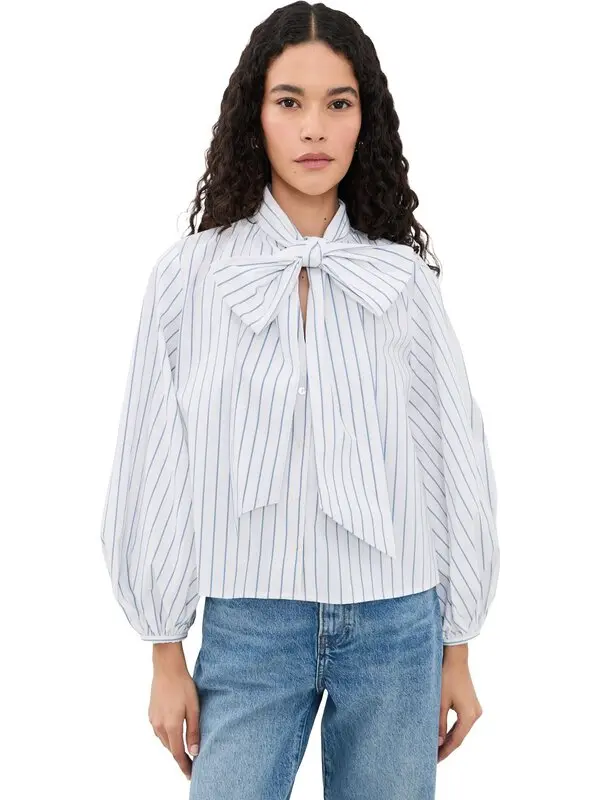 L'Agence Deon Tie Neck Blouse - White/thin Blue Mist Stripe
