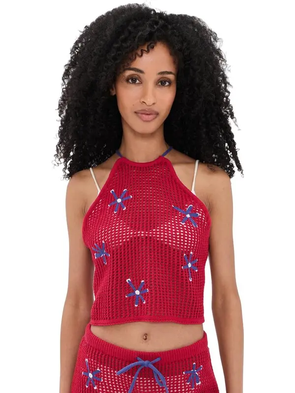 Staud Torin Halter Neck Embroidered Floral Top - Painted Foulard