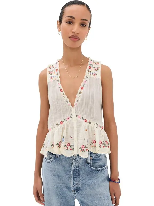 Free People Ellis Blouse Embroidered Striped V-neck Sleeveless Top - Tea Combo