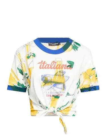 Dolce & Gabbana Cotton Jersey Printed Crewneck Short Sleeve T-shirt With Bow Detail - White