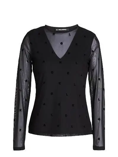 Karl Lagerfeld Mesh Crewneck Long Sleeve Top - Black