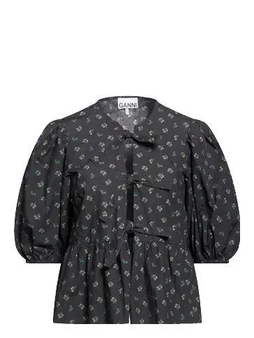 GANNI Floral Print Organic Cotton Peplum Shirt - Black
