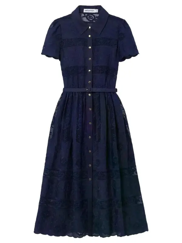 SELF-PORTRAIT Embroidered Belted Midi Dress - Blue