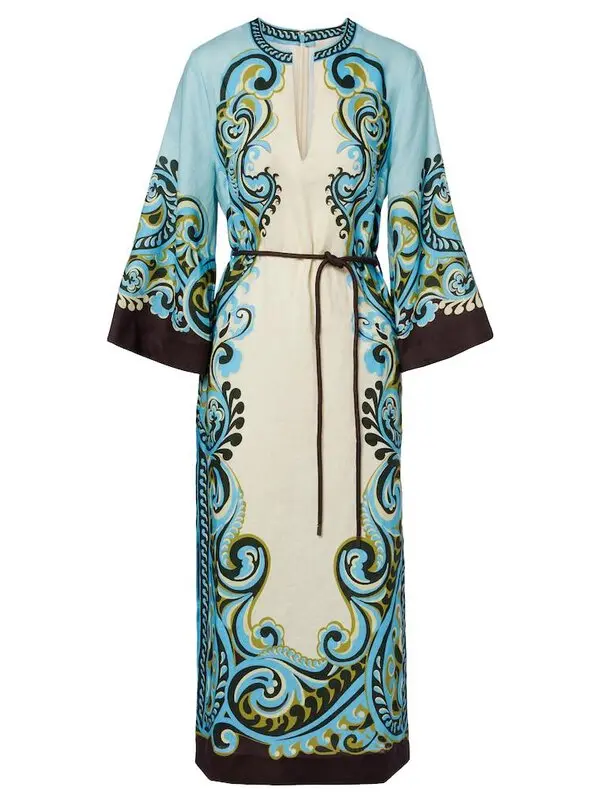 ALEMAIS Natalia Printed Linen Midi Dress - Blue