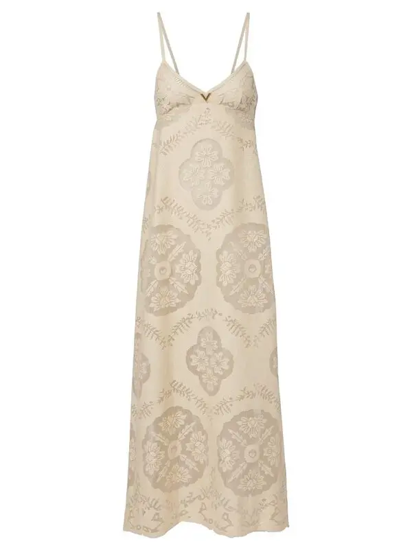 Valentino Garavani Vgold Floral Cotton-blend Maxi Dress - Beige
